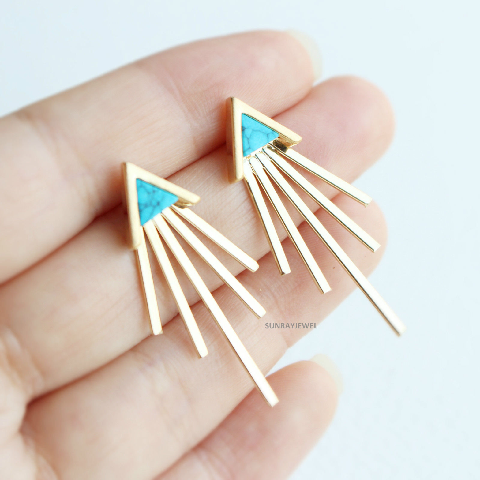 Chevron Turquoise Front Back Earrings In Gold, Triangle Stud Earrings, Geometric Studs on Luulla