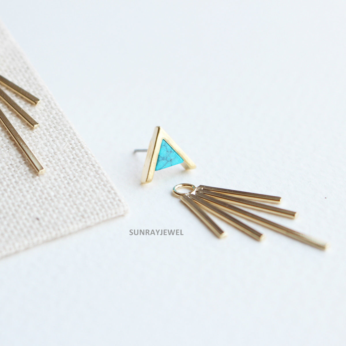 Chevron Turquoise Front Back Earrings In Gold, Triangle Stud Earrings, Geometric Studs on Luulla